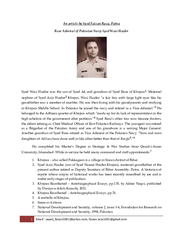 (PDF) Rear Admiral of Pakistan Navy : Syed Wasi Haider of Khujwa (Bihar)