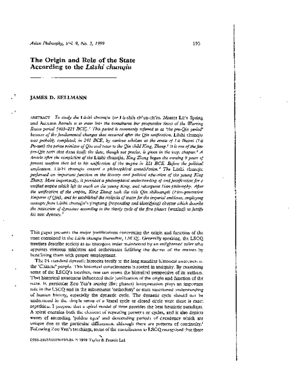 (PDF) The origin and role of the state according to the Lüshi chunqiu