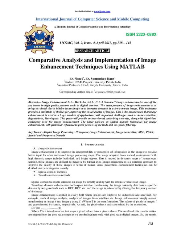 Pdf Comparative Analysis And Implementation Of Image Enhancement Techniques Using Matlab