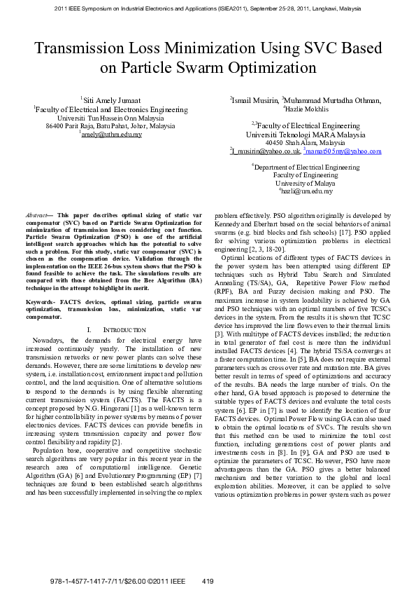 Pdf Transmission Loss Minimization Using Svc Based On Particle Swarm
