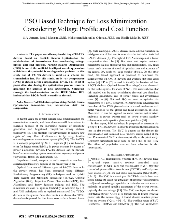 Pdf Pso Based Technique For Loss Minimization Considering Voltage Profile And Cost Function