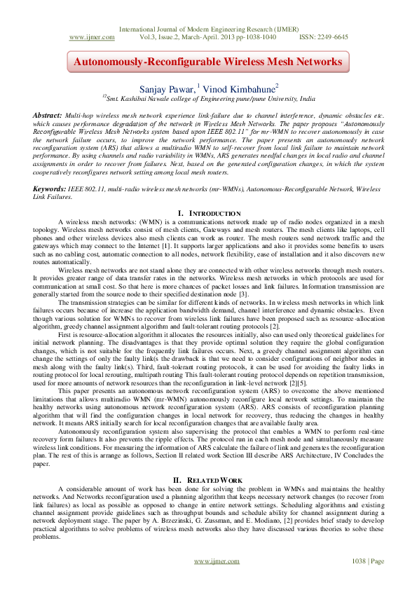 Pdf Autonomously Reconfigurable Wireless Mesh Networks