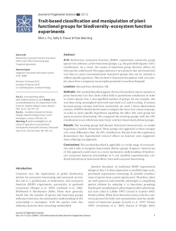 Pdf Trait Based Classification And Manipulation Of Plant Functional Groups For Biodiversity