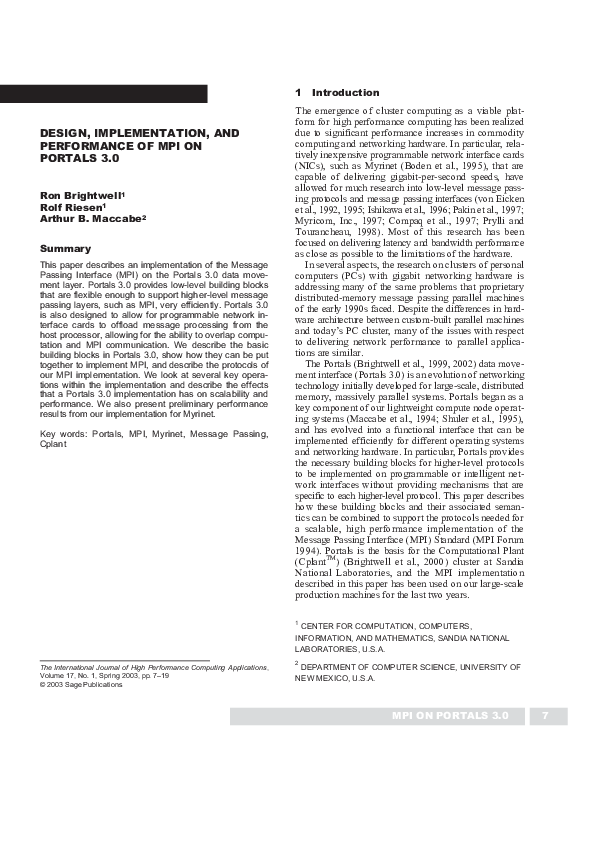 (PDF) Design, Implementation, and Performance of MPI on Portals 3.0