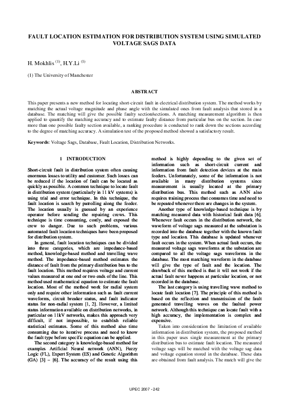 (PDF) Fault location estimation for distribution system using simulated voltage sags data