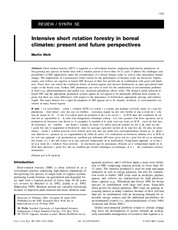 (PDF) Intensive short rotation forestry in boreal climates: present and ...