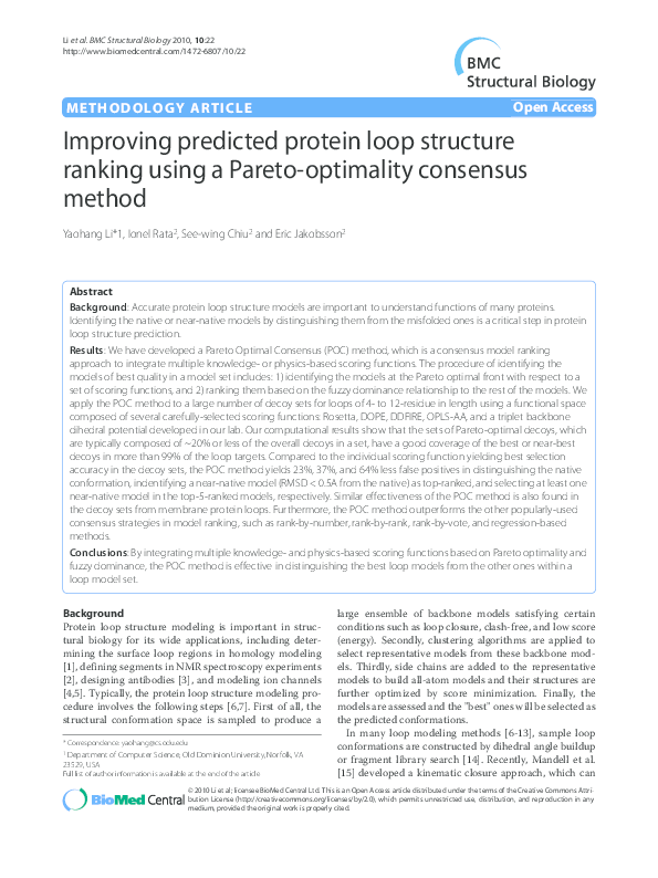 (PDF) Improving predicted protein loop structure ranking using a Pareto-optimality consensus method