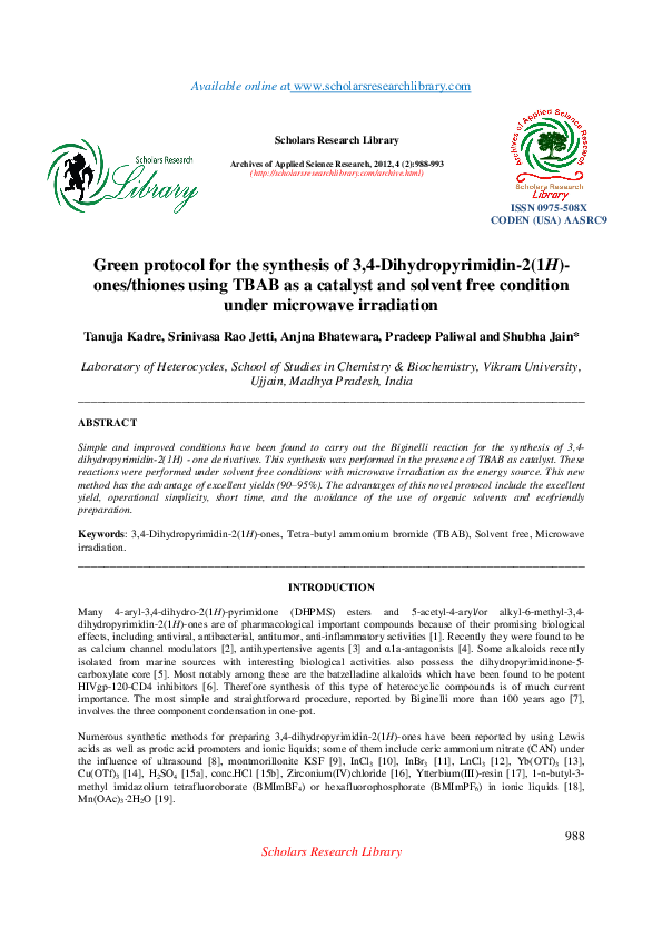 (PDF) Green protocol for the synthesis of 3, 4-Dihydropyrimidin-2 (1H)-ones/thiones using TBAB ...