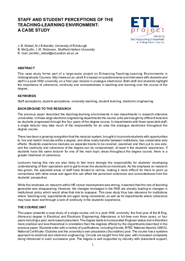 (PDF) STAFF AND STUDENT PERCEPTIONS OF THE TEACHING-LEARNING ...