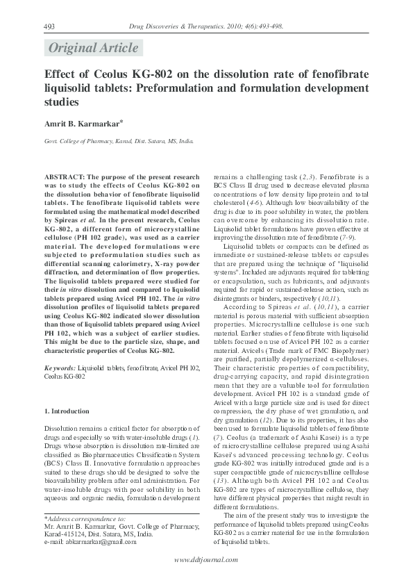 Pdf Effect Of Ceolus Kg 802 On The Dissolution Rate Of Fenofibrate Liquisolid Tablets