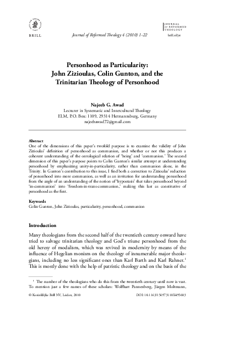 (PDF) Personhood as Particularity: John Zizioulas, Colin Gunton, and ...