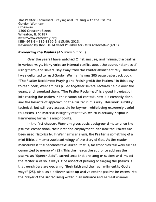 (DOC) The Psalter Reclaimed: Praying and Praising with the Psalms by ...