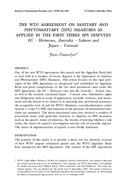 (PDF) The WTO agreement on sanitary and phytosanitary (SPS) measures as ...