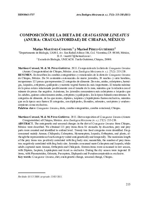 COMPOSICIÓN DE LA DIETA DE CRAUGASTOR LINEATUS (ANURA: CRAUGASTORIDAE ...