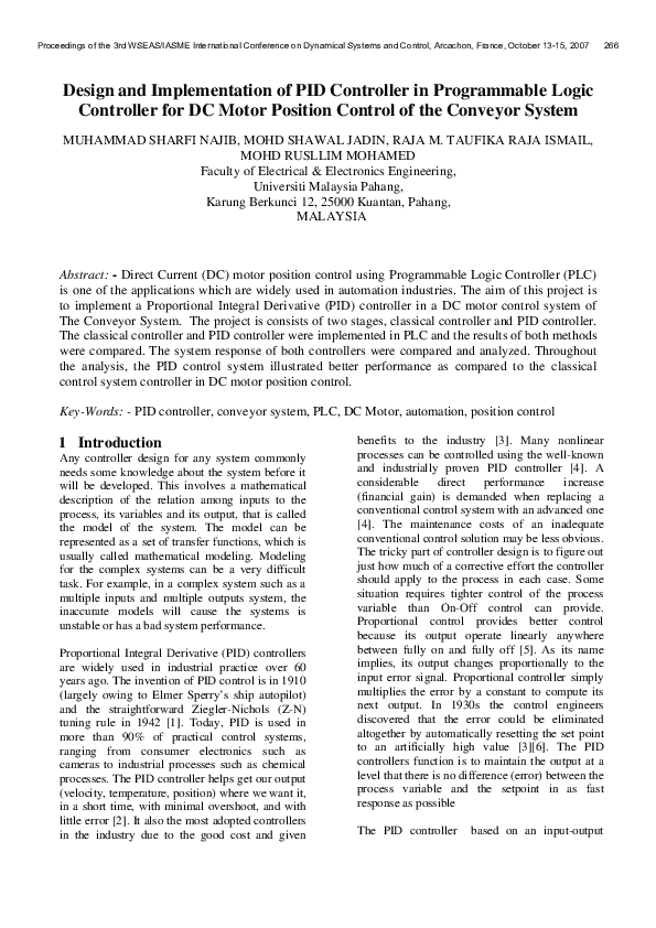 Pdf Design And Implementation Of Pid Controller In Programmable Logic Controller For Dc Motor