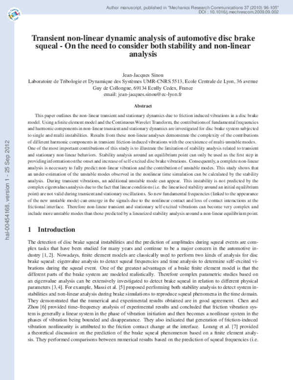 Transient non-linear dynamic analysis of automotive disc brake squeal – On the need to consider ...