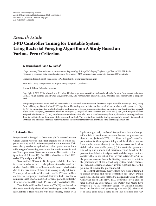 (PDF) I-PD controller tuning for unstable system using bacterial foraging algorithm: a study ...