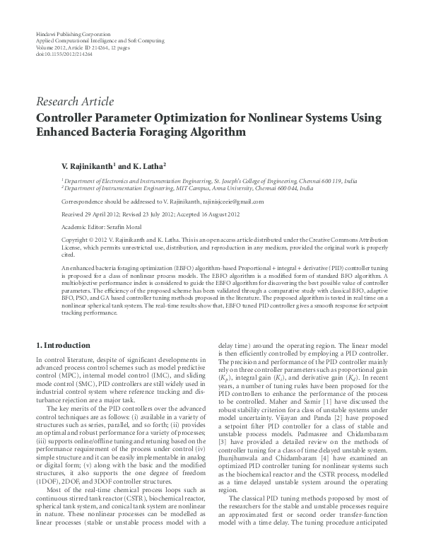 Pdf Controller Parameter Optimization For Nonlinear Systems Using Enhanced Bacteria Foraging