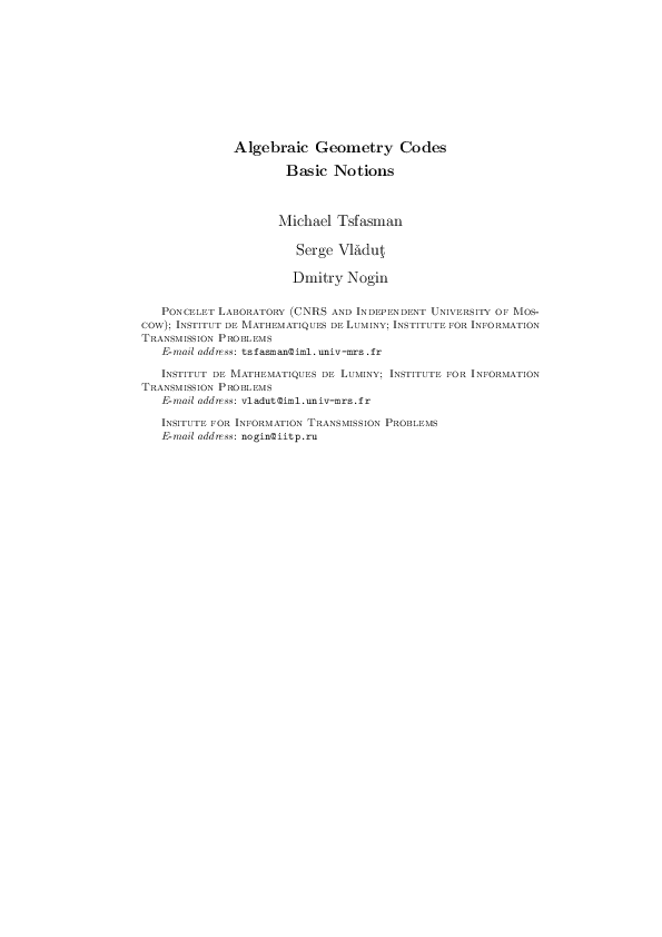 (PDF) Algebraic Geometry Codes: Basic Notions