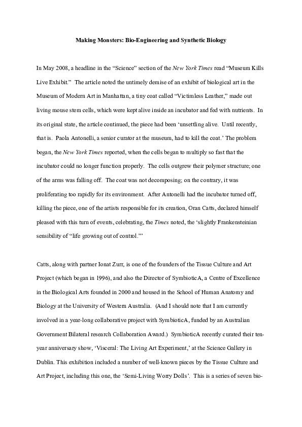 (PDF) Making Monsters: Bio-Engineering and Synthetic Biological Art