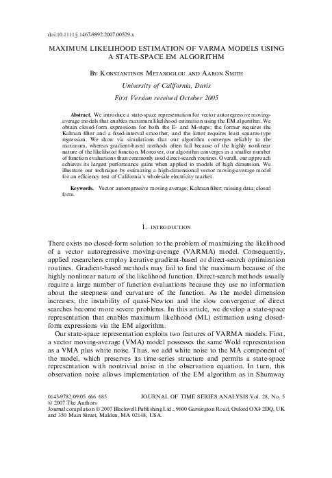 Pdf Maximum Likelihood Estimation Of Varma Models Using A State Space