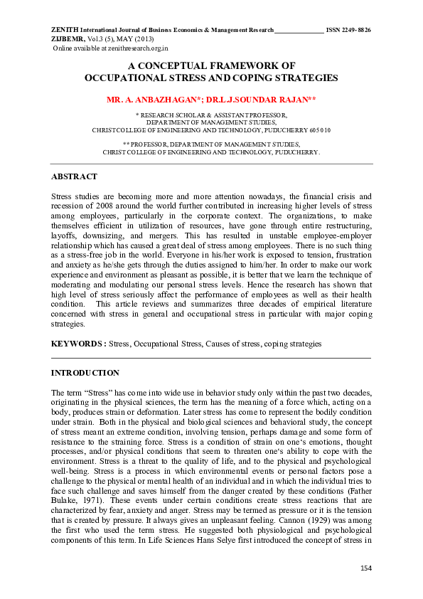 (PDF) A CONCEPTUAL FRAMEWORK OF OCCUPATIONAL STRESS AND COPING STRATEGIES
