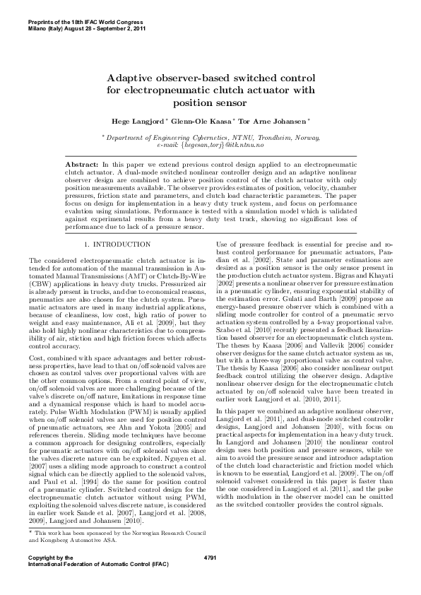 (PDF) Adaptive observer-based switched control for electropneumatic clutch actuator with ...