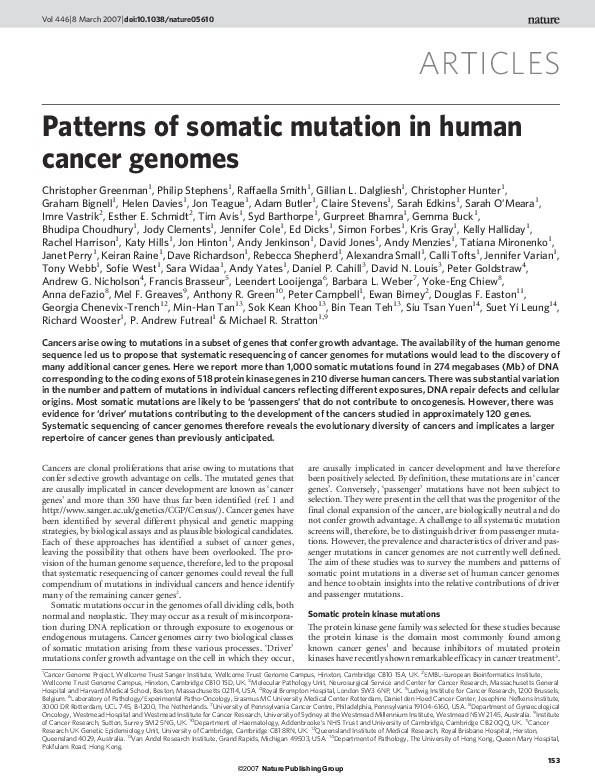 Pdf Patterns Of Somatic Mutation In Human Cancer Genomes