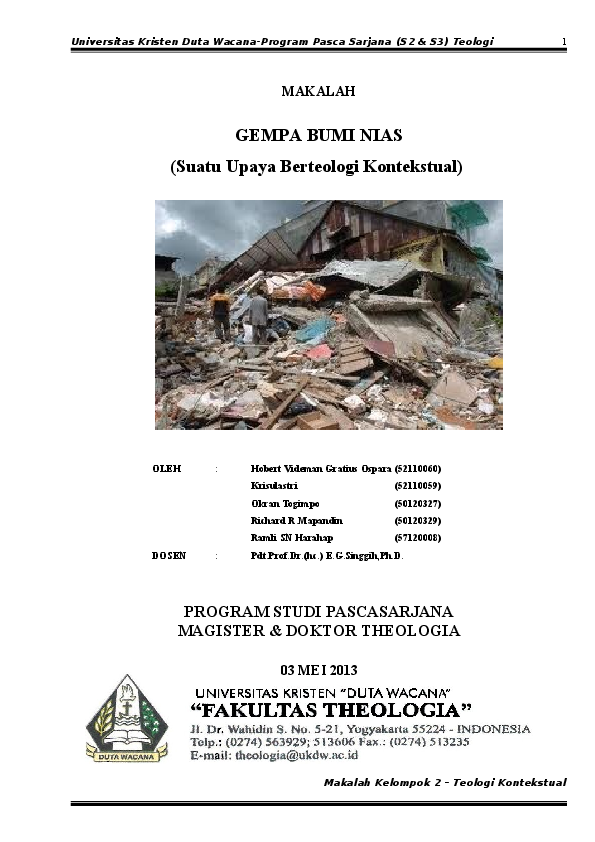 (DOC) GEMPA BUMI NIAS (Suatu Upaya Berteologi Kontekstual)