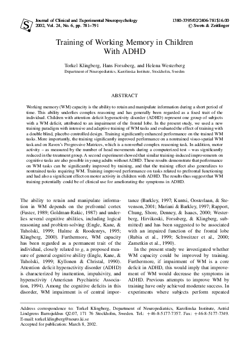 (PDF) Training of working memory in children with ADHD