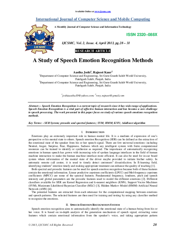 (PDF) A Study of Speech Emotion Recognition Methods