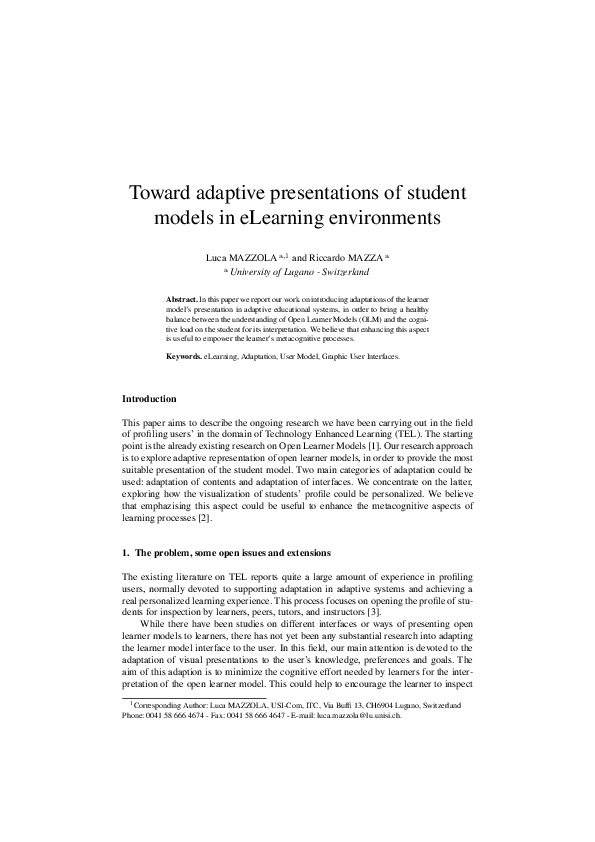 (PDF) Toward Adaptive Presentations of Student Models in eLearning Environments