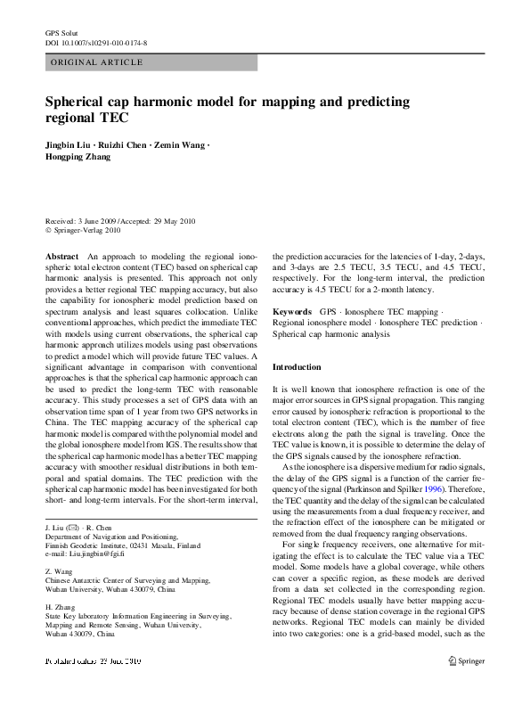 (PDF) Spherical cap harmonic model for mapping and predicting regional TEC