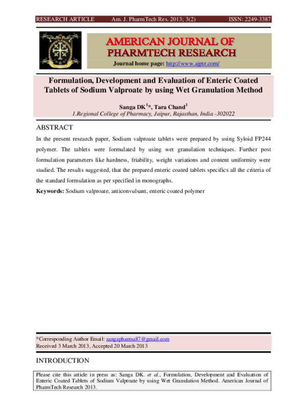 Pdf Formulation Development And Evaluation Of Enteric Coated Tablets Of Sodium Valproate By