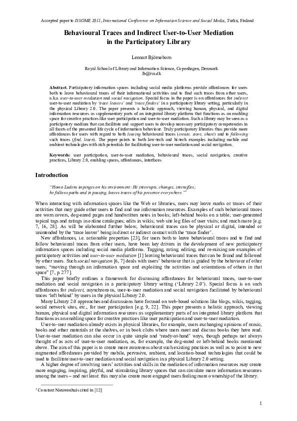 (PDF) Behavioural traces and indirect user-to-user mediation in the ...