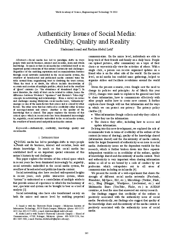 (PDF) Authenticity Issues of Social Media: Credibility, Quality and Reality