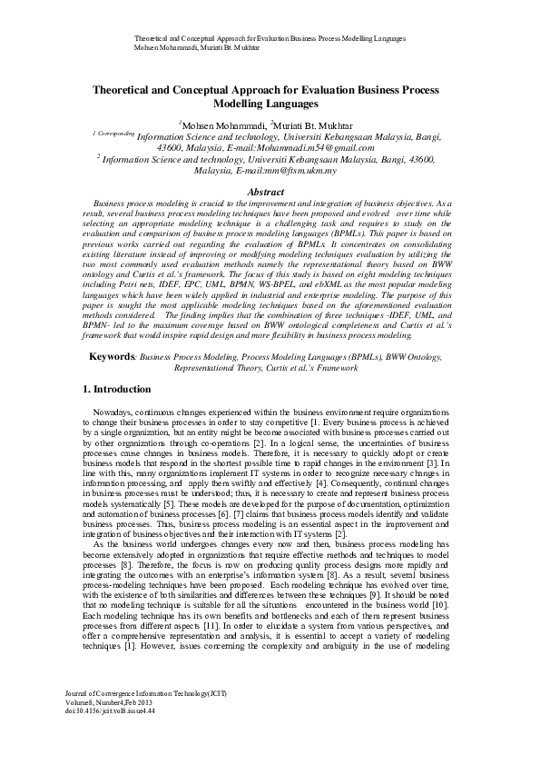 (PDF) Theoretical and Conceptual Approach for Evaluation Business Process Modelling Languages