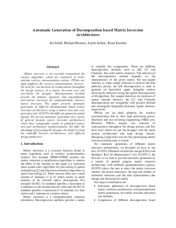 Pdf Automatic Generation Of Decomposition Based Matrix Inversion Architectures