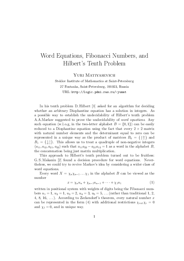 (PDF) Word Equations, Fibonacci Numbers, and Hilbert's Tenth Problem