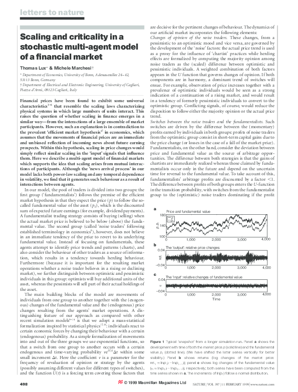 Pdf Scaling And Criticality In A Stochastic Multi Agent Model Of A