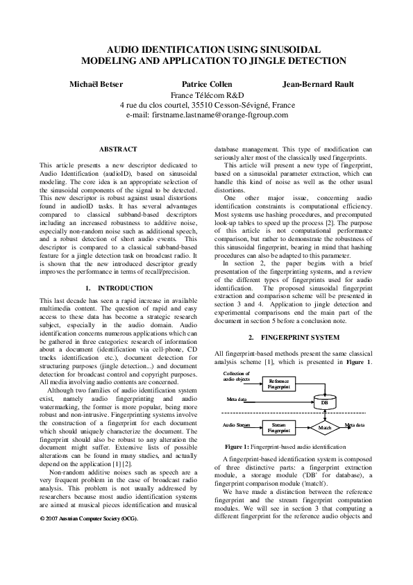 (PDF) AUDIO IDENTIFICATION USING SINUSOIDAL MODELING AND APPLICATION TO JINGLE DETECTION
