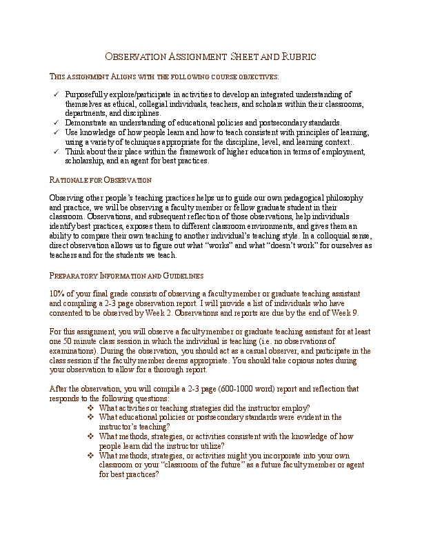 (PDF) Observation Assignment Sheet and Rubric for Teaching in Higher ...