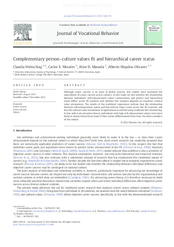 (PDF) Complementary person-culture fit and career advancement: Matching ...