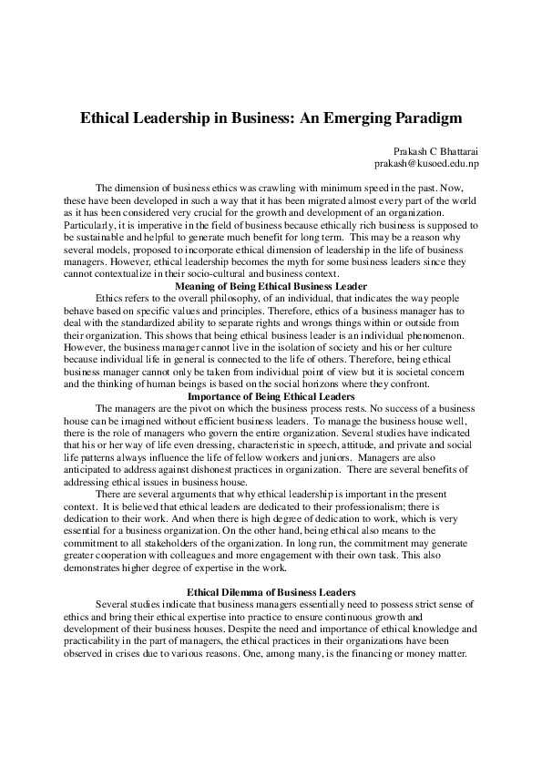 (PDF) Ethical Leadership in Business: Emerging Paradigm