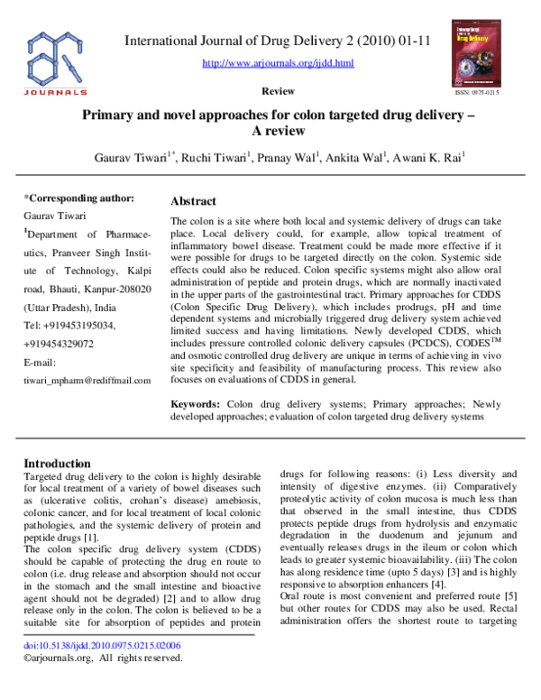 Pdf Primary And Novel Approaches For Colon Targeted Drug Delivery A Review