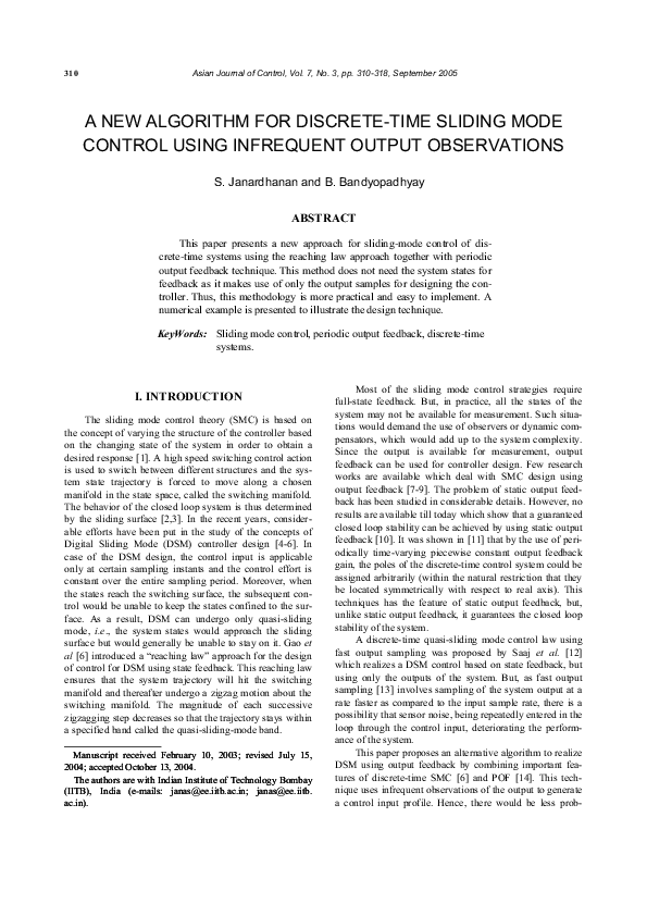 Pdf A New Algorithm For Discrete Time Sliding Mode Control Using
