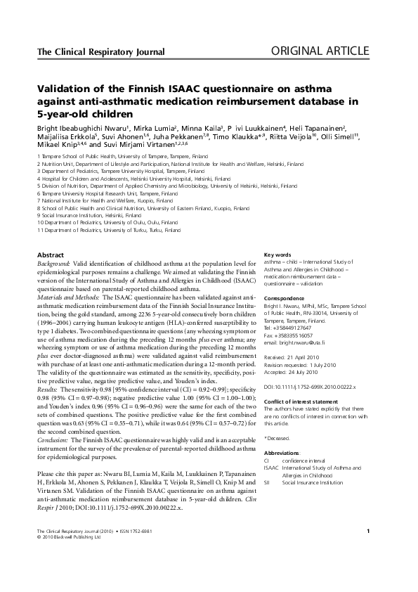 (PDF) Validation of the Finnish ISAAC questionnaire on asthma against ...