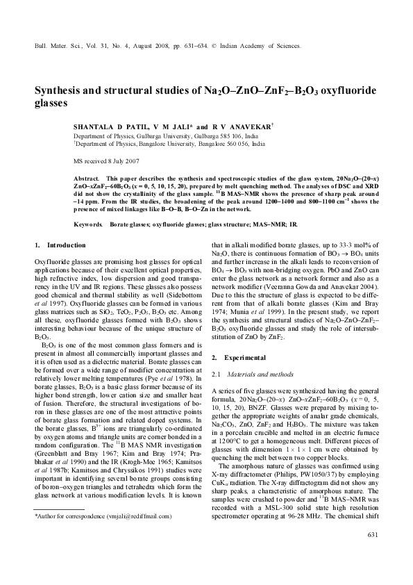 (PDF) Synthesis and structural studies of Na2O-ZnO-ZnF2-B2O3 oxyfluoride glasses