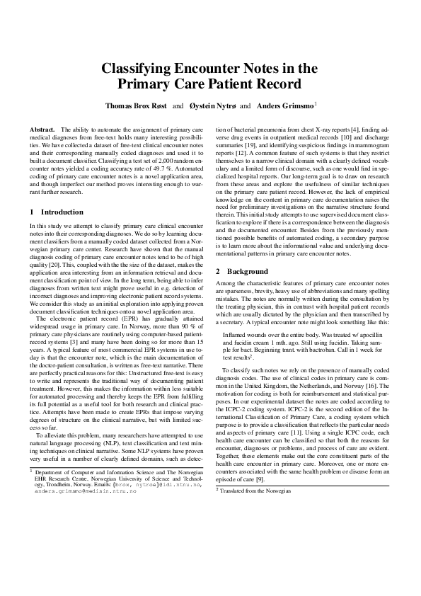 (PDF) Classifying Encounter Notes in the Primary Care Patient Record