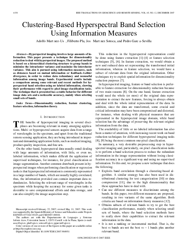 Pdf Clustering Based Hyperspectral Band Selection Using Information Measures